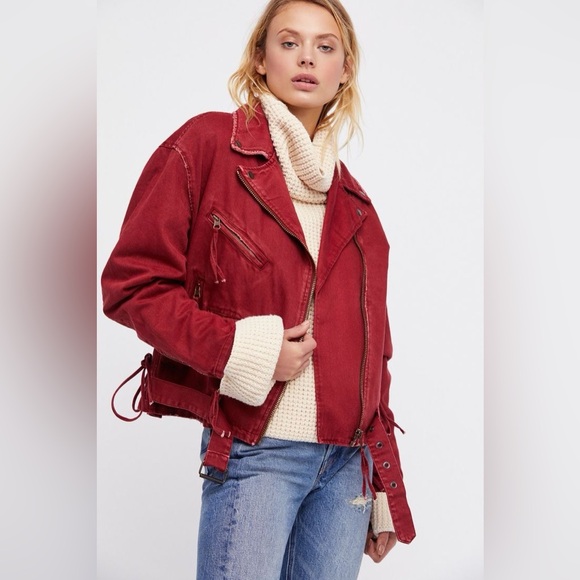 Free People | Jackets & Coats | Free People Red Denim Biker Jacket ...